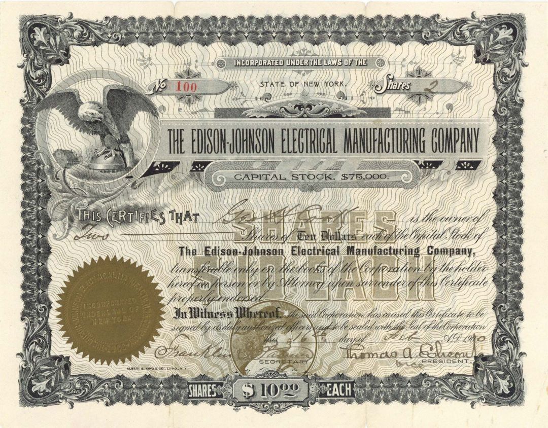 Edison-Johnson Electrical Manufacturing Co. signed by Thos. A. Edison ...