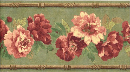 Red Roses Floral Flower Sage Green Vinyl Wall paper Border S.A. MAXWELL ...
