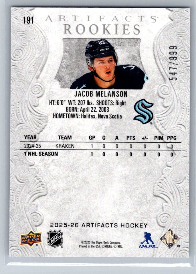 2025-26 Upper Deck Artifacts #191 Jacob Melanson Seattle Kraken /999 | eBay