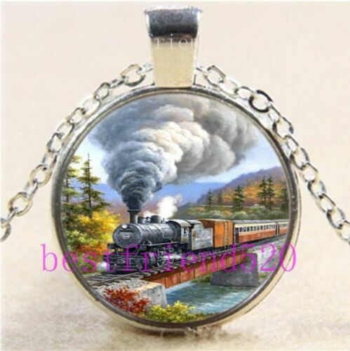 Silver 20" Necklace STEAM TRAIN RAILROAD Pendant mountain retro art ...