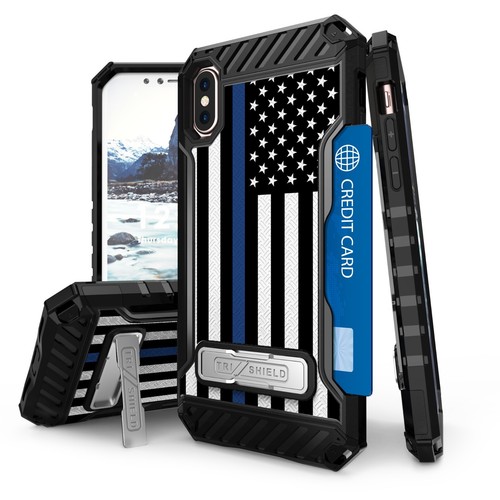 For iPhone XS,X Tri Shield Heavy Duty Tough Rugged Case THIN BLUE LINE ...