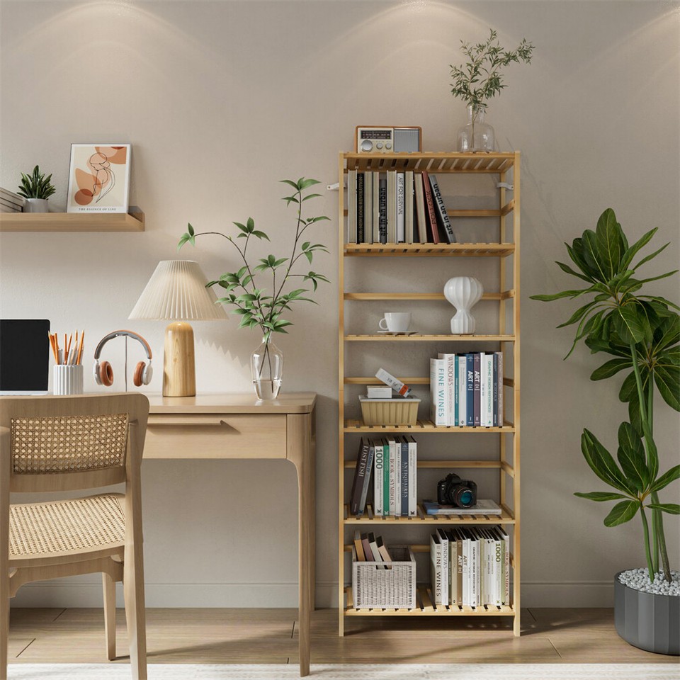 6-Tier Tall Storage Shelf Free Standing Bamboo Bookshelf Adjustable ...