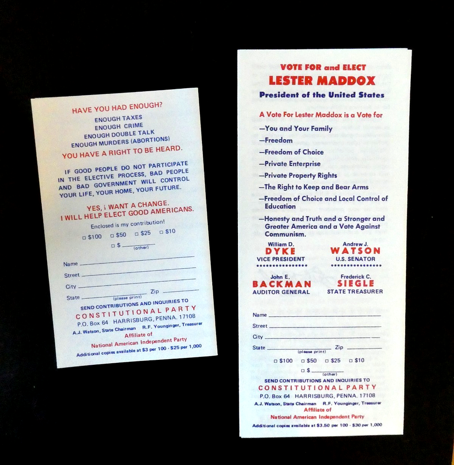Lester Maddox 1976 Third Party brochures paper campaign political items ...
