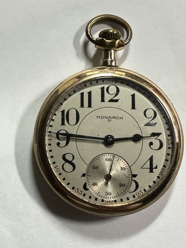Antique Monarch Swiss Made 21-Jewel Open Face Pocket Watch runs WS-44 ...