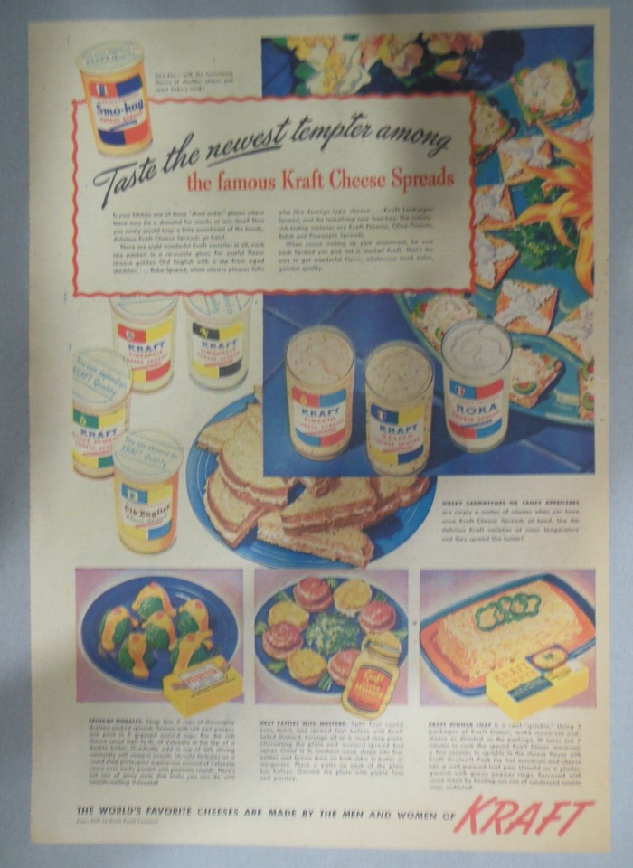 Kraft Cheese Ad: New Kraft Cheese Spreads ! from 1940's Size: 11 x 15 ...