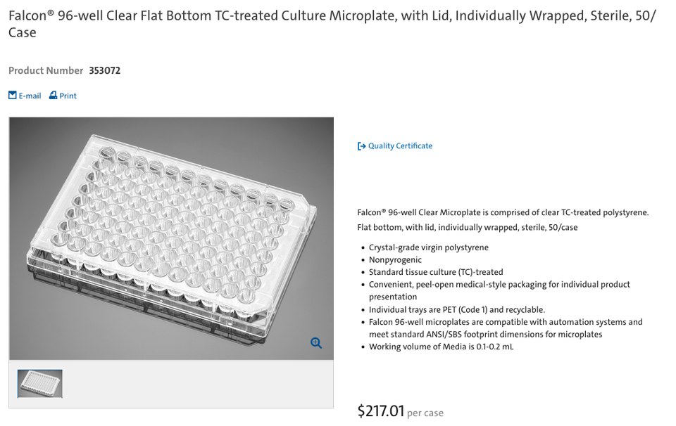 Falcon 353072 Tissue Culture Plate 96 Well Flat Lid Sterile Polystyrene ...