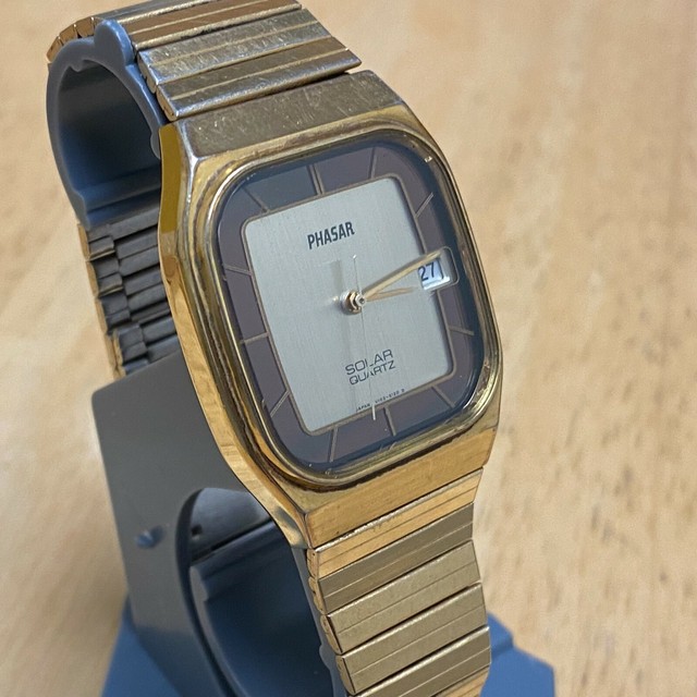 Phasar Sears V102-5080 Men Gold Tone Barrel Solar Quartz Watch Run In ...