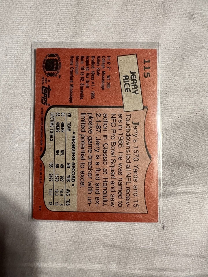 1987 Topps Jerry Rice #115 2nd Year REAL NICE CARD Strong Near Mint HOF ...