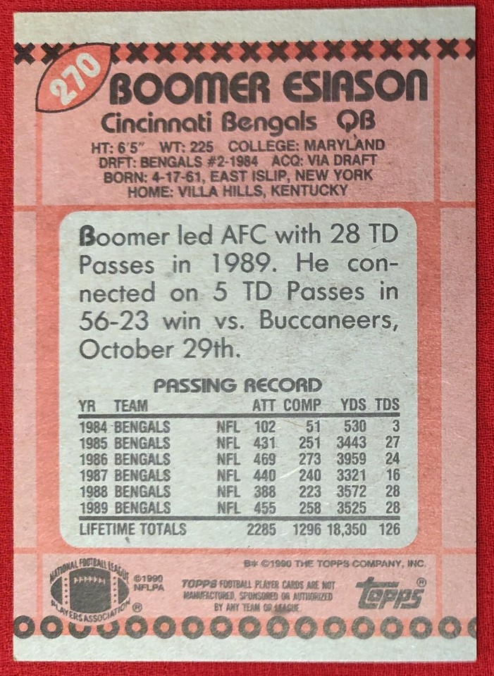 1990 Topps #270 Boomer Esiason QB Cincinnati Bengals NFL Football Card ...
