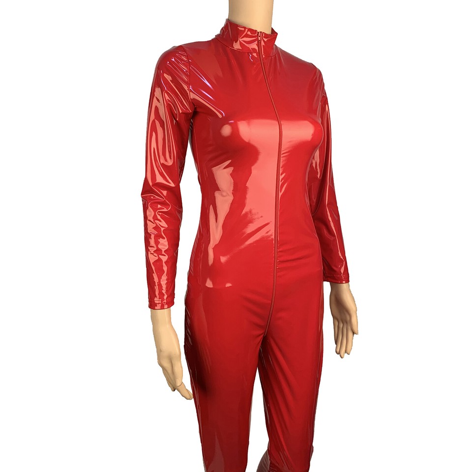 Womens PVC Leather Wetlook Long Sleeve Zipper Bodycon Jumpsuit Catsuit ...