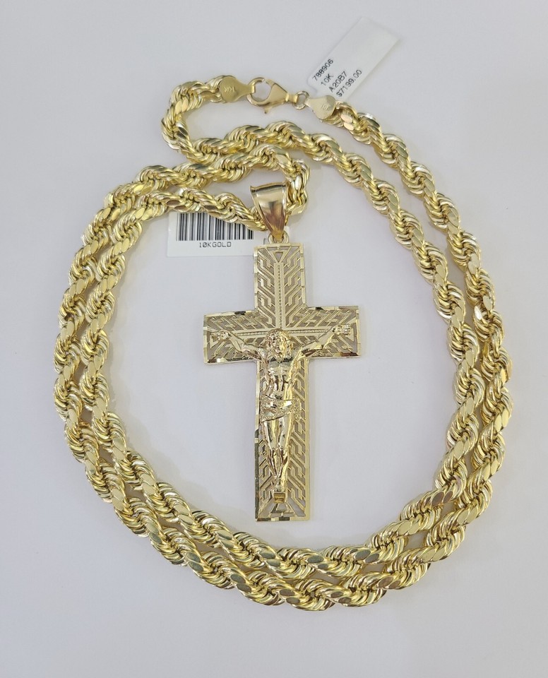 Real 10k Rope Chain Jesus Cross Charm Set 7mm 20"-28" Inch Necklace ...