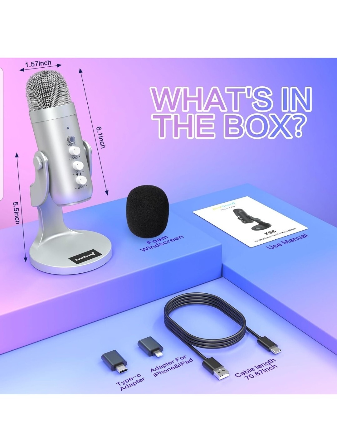 USB Microphone, k66 Silver Gaming Mic for PC Phone PS5 Desktop ...