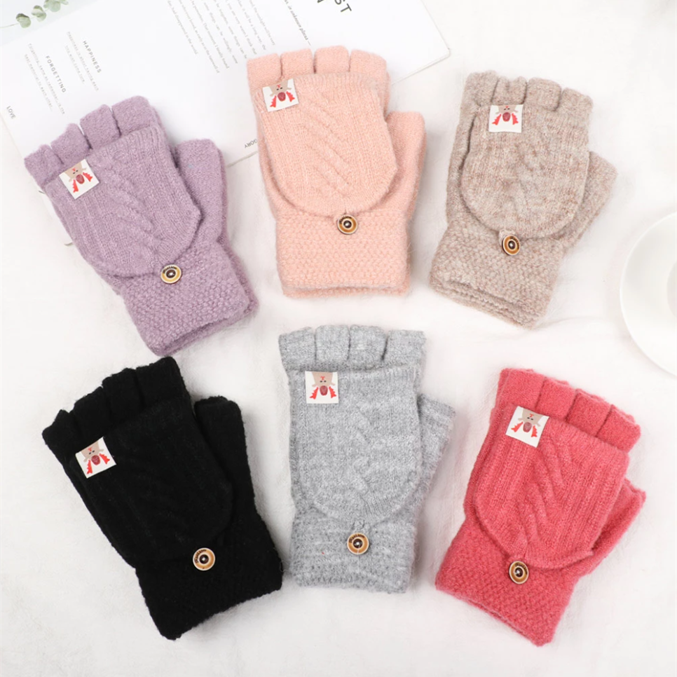 Womens Ladies Fingerless Gloves Winter Warm Half Capped 2 in 1 Combo ...