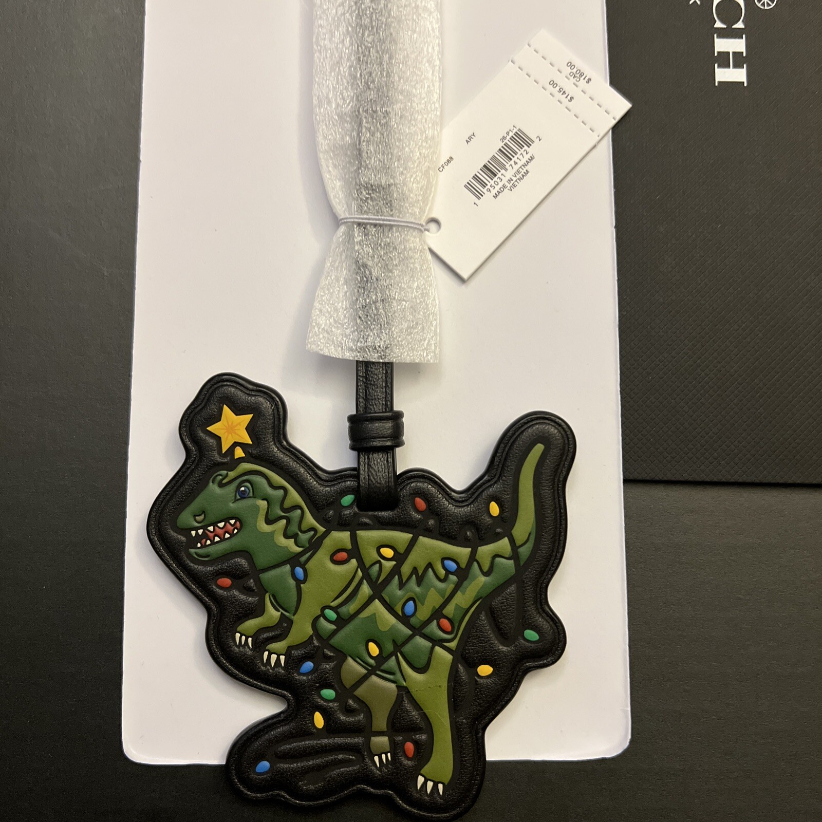 NWT Coach Rexy Christmas Lights Bag Tag T-Rex Luggage Tag XMas Green ...