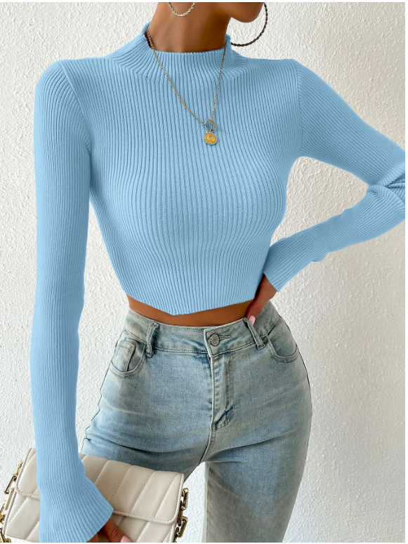 Baby Blue Mock Neck Rib-knit Crop Sweater Sz S M L | eBay