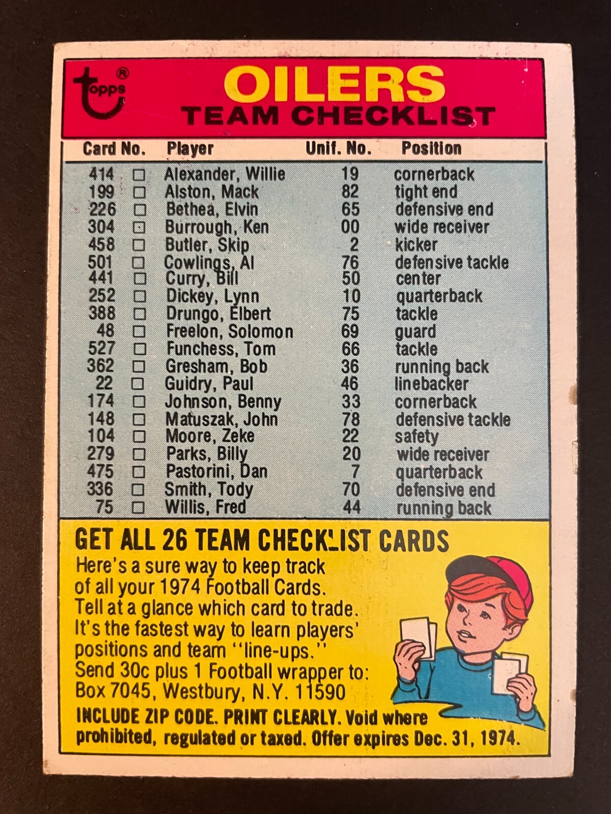 1974 Topps Football Team Checklist - Unmarked - You Pick - Multi-Card ...