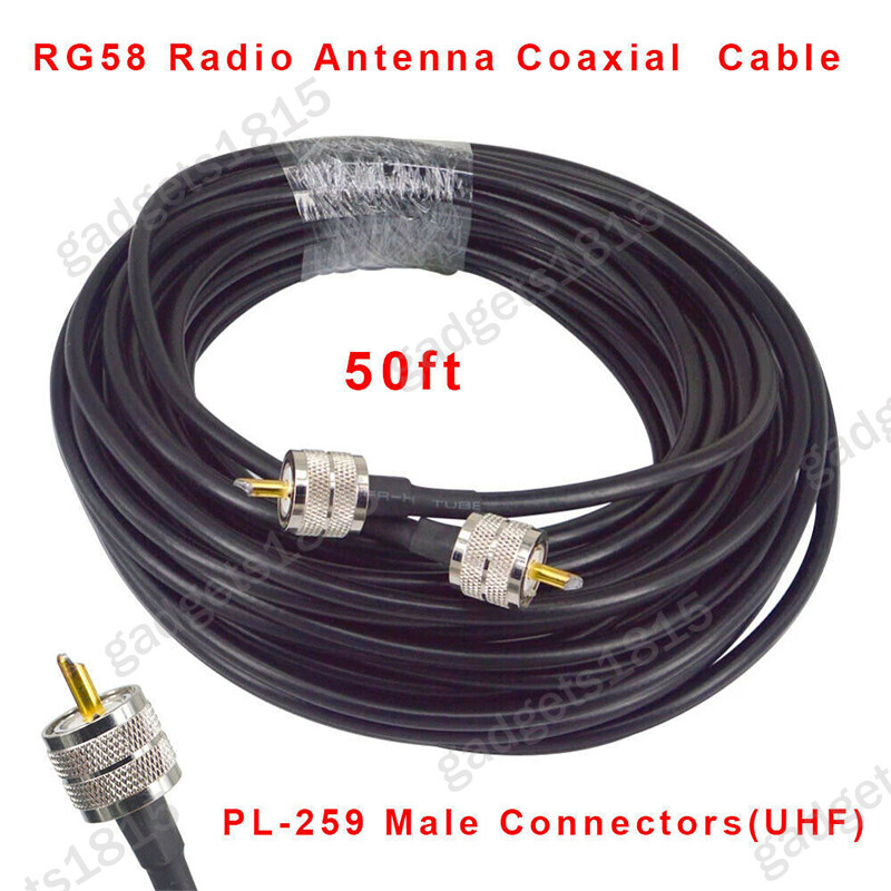 50ft RG58 Coax Cable UHF PL259 Male to Male 50Ω for HF VHF CB Ham Radio ...