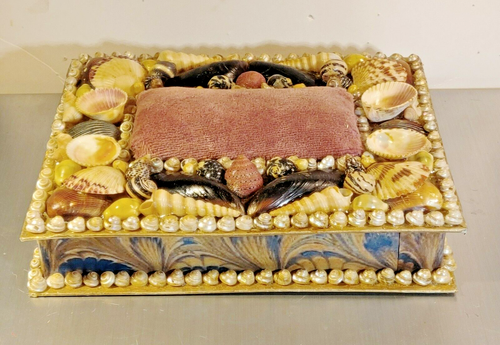 HAND MADE SHELL ART BOX WITH VELVET PIN CUSHION SEASHELL SAILORS ...