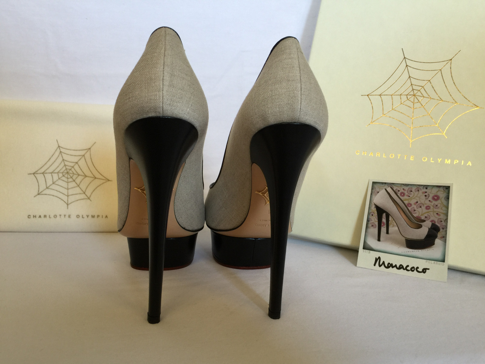 NIB Charlotte Olympia Monacoco Natural Linen Black Cap-Toe Platform ...