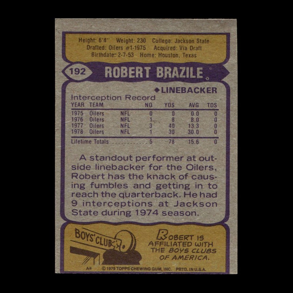 Robert Brazile 1979 Topps Houston Oilers #192 R310D 1 | eBay