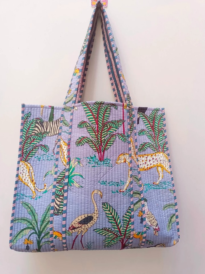 Indian Tote Bags Quilted Handmade Cotton Block Large Shoulder Shopping ...