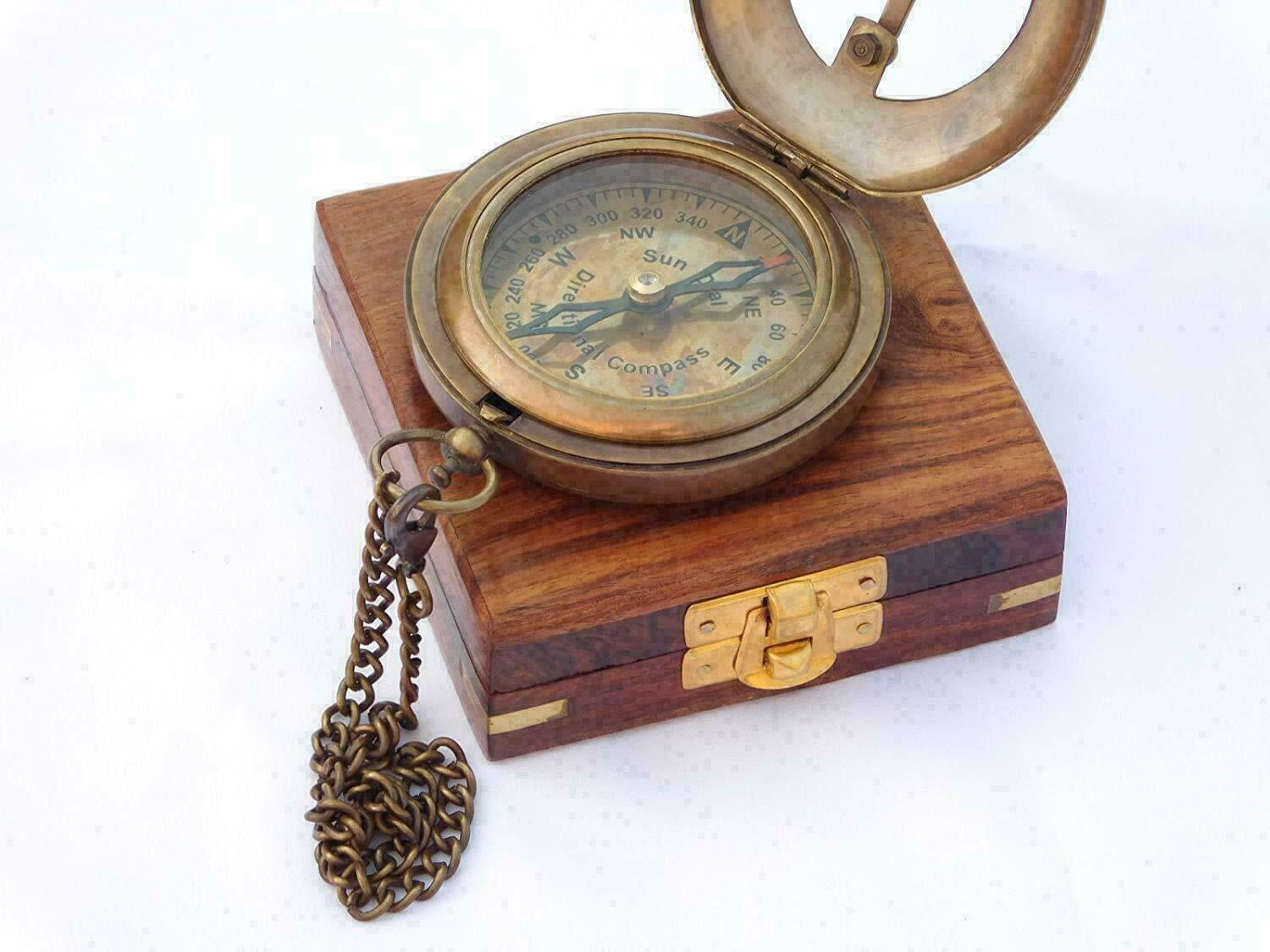 Handmade Nautical Brass Sundial Compass with Chain & Wooden Case Gift ...