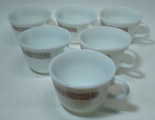Vintage Pyrex Coffee Cups Opaque White Glass Woodland Pattern Set of 6 ...