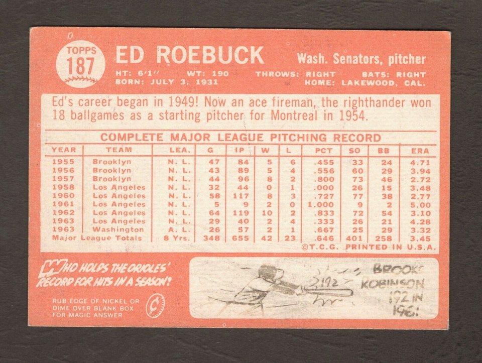 1964 Topps Baseball Card #187 Ed Roebuck – Washington Senators | eBay