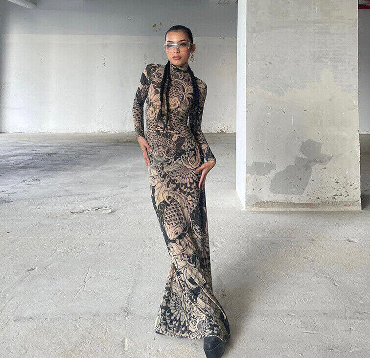 High Nick Long Sleeve Koi Print Sheer Mesh Bodycon Maxi High Nick Long Sleeve Koi Print Sheer Mesh Bodycon Maxi