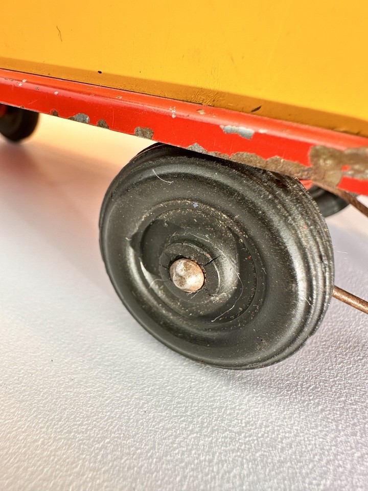 Rare Vintage 4 wheel Metal Utility Trailer 6" Yellow Red Movable front ...