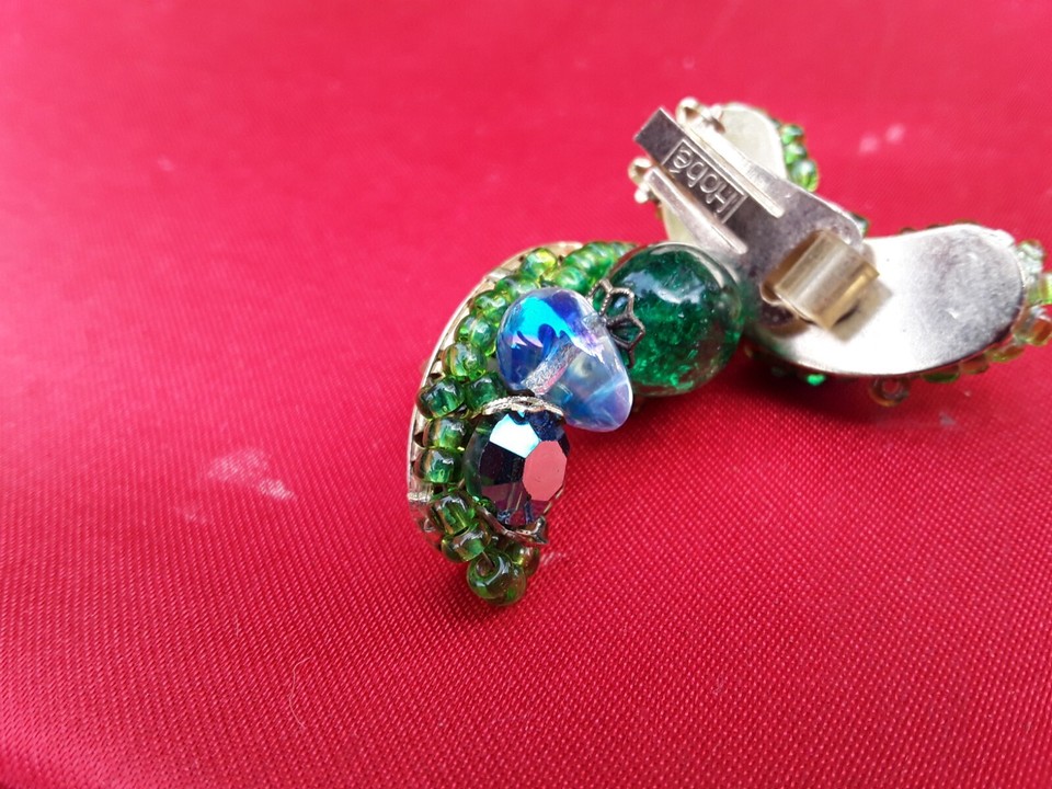 vintage Hobe green on blue Ab climer art glass crystal clip on earrings ...