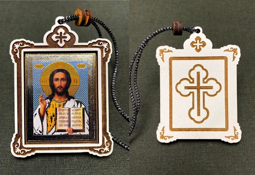 Wood Orthodox Icon on Cord for Car Room ICXC Jesus Christ Pantocrator ...