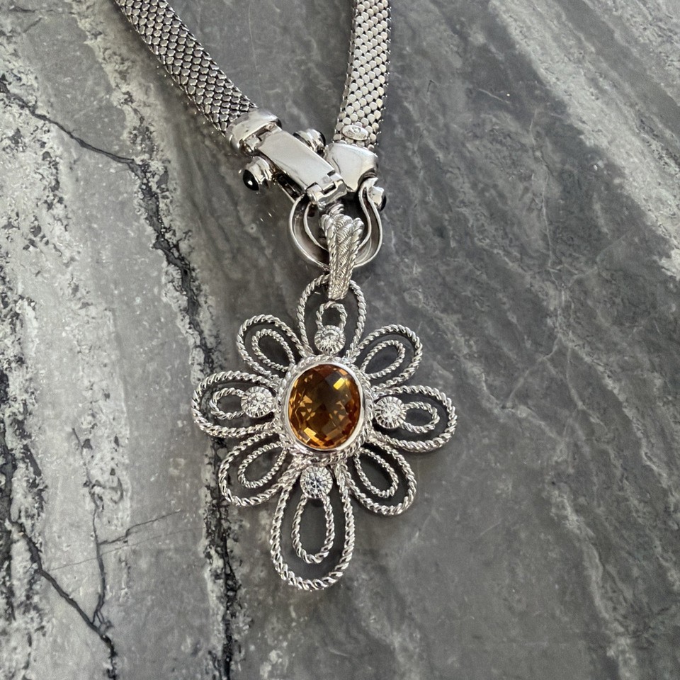 Judith Ripka Flower Masterpiece Pendant Signed Citrine & CZ Floral ...