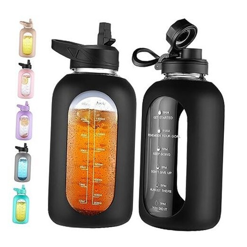 64 oz Glass Water Bottle Jug with Straw and Handle, Half 64 Ounces ...
