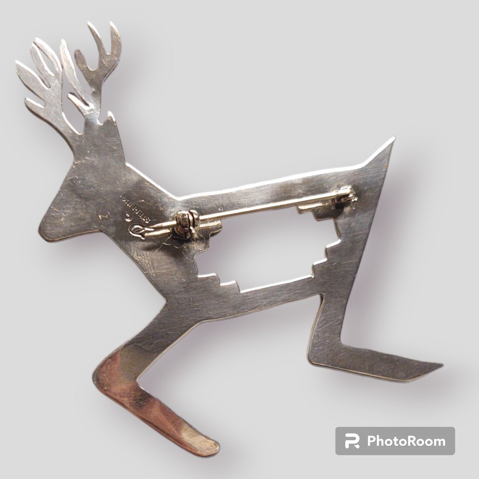Native American / Navajo stylized Reindeer / Deer pin, signed Joe ...