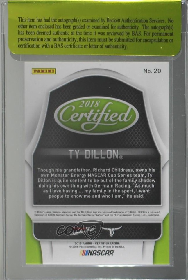 BAS 2018 Certified Orange /249 Ty Dillon #20 Authentic Auto | eBay