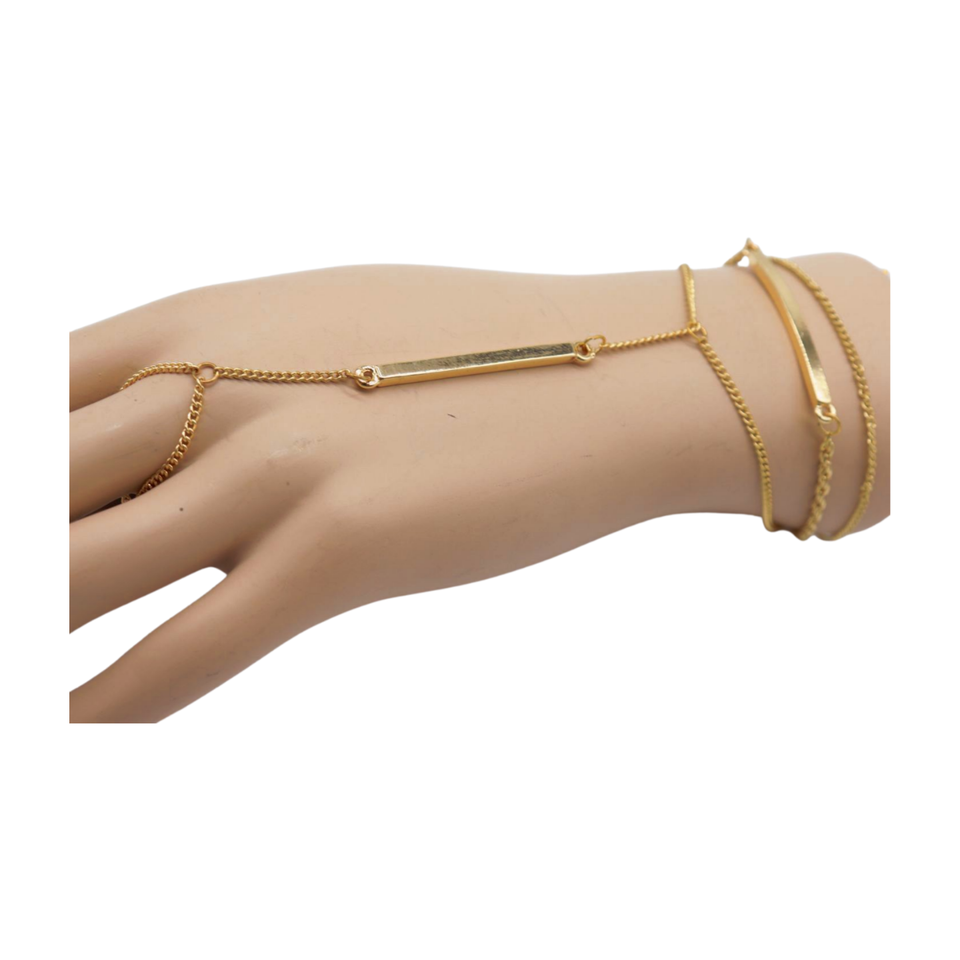 Women Gold Metal Hand Chain Bracelet Long Plate Connected Ring Modern ...