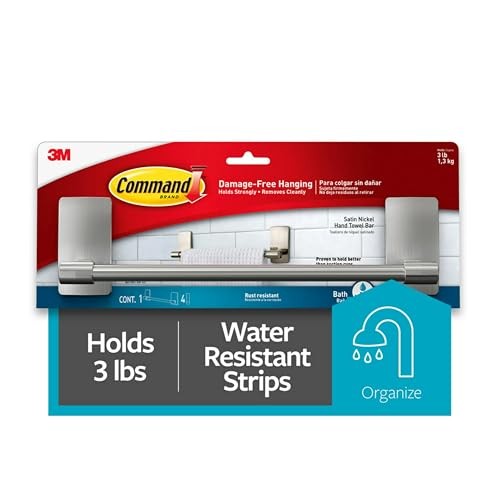 Command Hand Towel Bar Satin Nickel with 4 Water Resistant Command ...