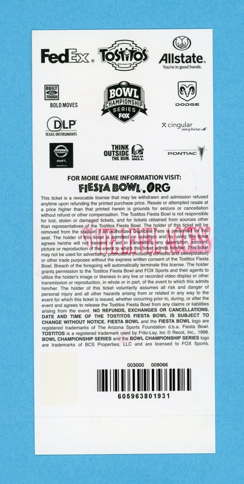 Jan 1, 2007 The Fiesta Bowl Game Boise State vs Oklahoma Full Ticket ...