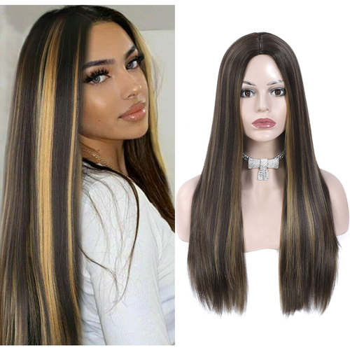 24in Long Straight Wig Women High Light Ombre Brown Middle Part ...