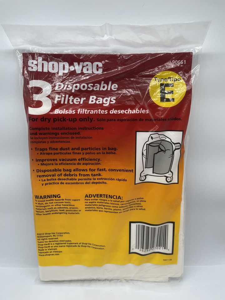 3 Pack Shop Vac Vacuum Type E Disposable Filter Bags For 5 - 8 Gallon ...
