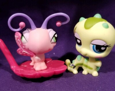 Littlest Pet Shop LPS #1323 Pink Butterfly #1324 Green Inchworm blue ...