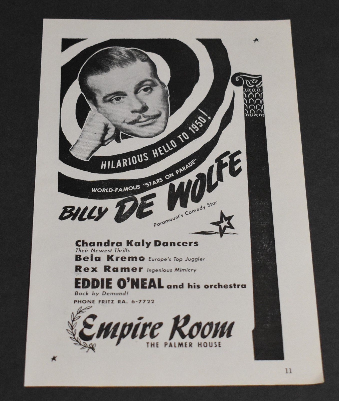 1950 Print Ad Chicago Billy De Wolfe Empire Room Palmer House Chandra ...