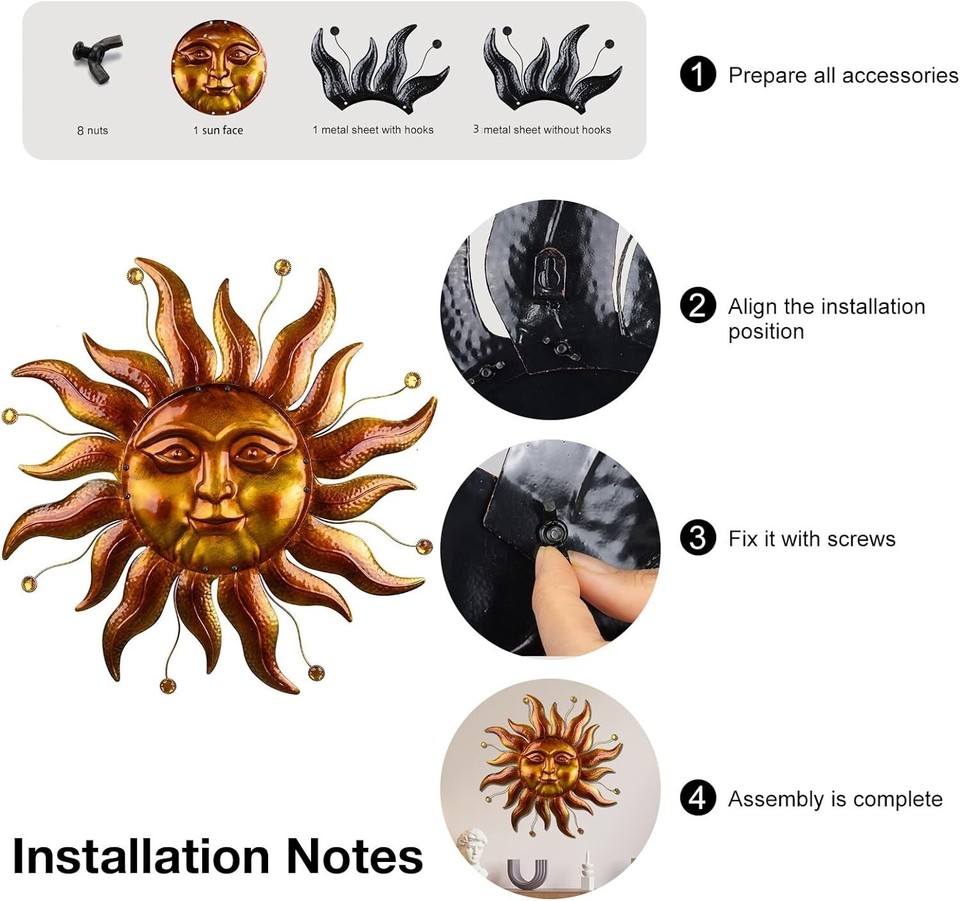 Metal Sun Face Wall Plaque Decor Hang Art Patio Fence Porch Home Garden ...