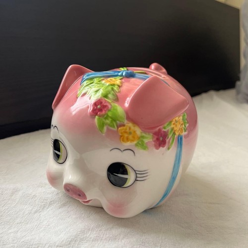 Ceramic Piggy Bank with Flower Decor, Vintage Collectible, Coins Slot ...