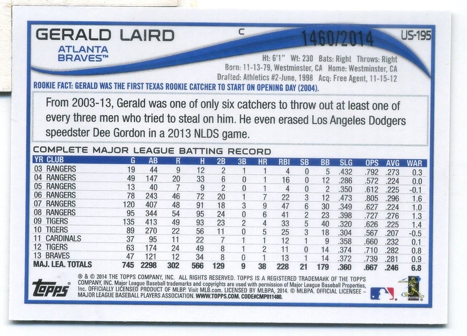 2014 Topps Update Gold #195 Gerald Laird /2014 BRAVES | eBay