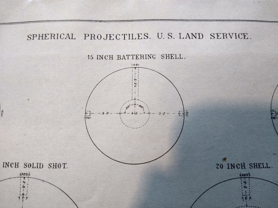 1880 Spherical Projectiles 15 in Battering Shell Army Ordinance Sketch ...