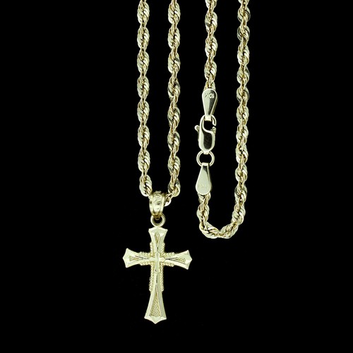 10K Yellow Gold Diamond Cut Cross Charm Pendant & 2mm Rope Chain | eBay