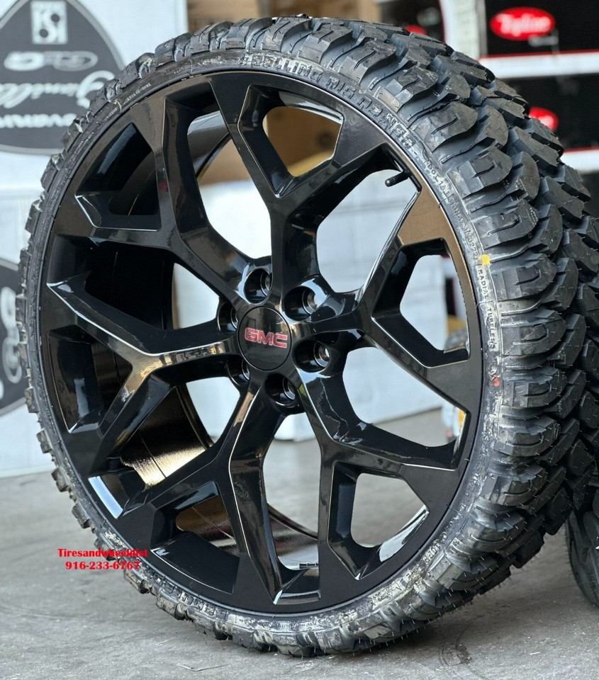 26'' Snowflake Gloss Black Wheels 33'' MT Tires fit Sierra Silverado ...