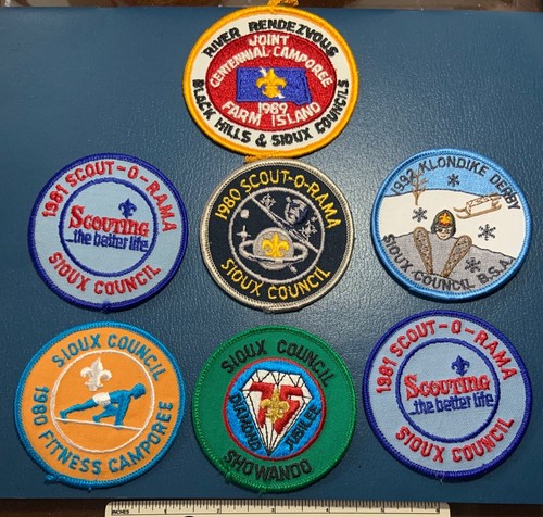 7 Vintage 1980s SIOUX COUNCIL Boy Scout Event PATCHES BSA Camp Camporee ...